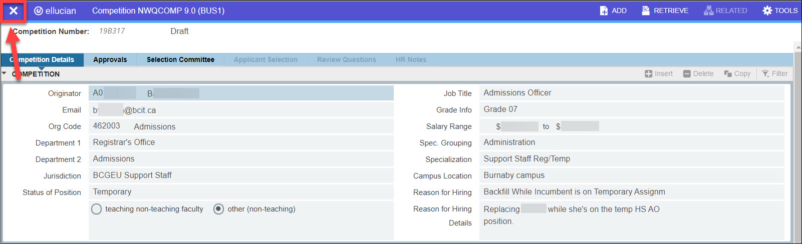 Reviewing historical Competition hires prior to July 31, 2019 in Banner - BCIT